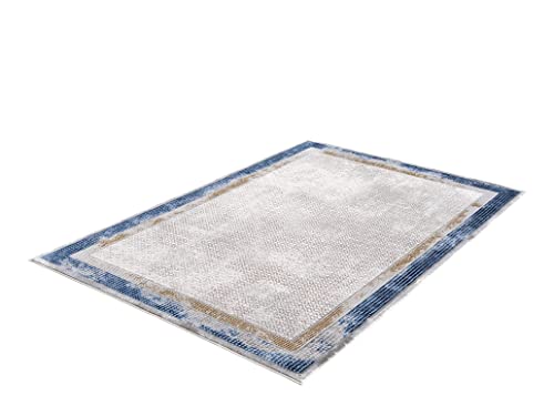 Abani Solid Grey Rugs Geometric Pattern 4'x6' Bedroom Rug - Modern Design Blue Border No-Shedding Premium Area Rug