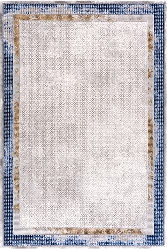 Abani Solid Grey Rugs Geometric Pattern 4'x6' Bedroom Rug - Modern Design Blue Border No-Shedding Premium Area Rug