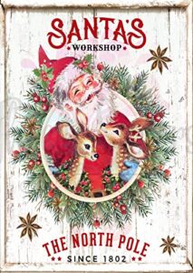 qispiod santa’s workshop sign retro santa sign retro christmas wreath funny christmas metal tin sign decor iron painting wall art for home coffee shop retro wall decor reindeer poster 8×12 inch