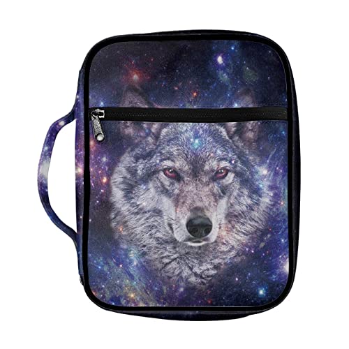 Dreaweet Galaxy Wolf Bible Carrying Case Cheetah Design Bible Covers for Men Boys, Lightweight Pockets Zipper Book Tote Bag for Office School Church Travel