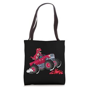 boys valentines day kids dinosaur ridding truck hearts tote bag