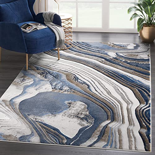 Abani 6’ x 9’ Modern Topography Design Blue, Grey & Gold Area Rug Rugs Modern Pattern No Shed Dining Room Rug