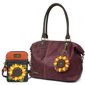 chala handbags lasercut totes shoulder purse with matching wallet gift set (plum sunflower tote & cellphone crossbody gift se)