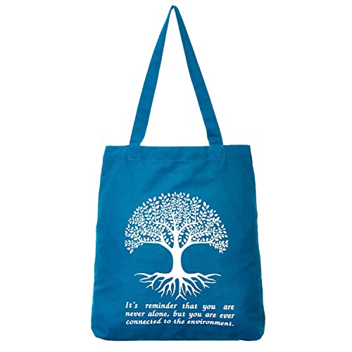 Cotton Canvas Tote Bag With Tree of Life Printed - Ethnic Style Shoulder Bag | Inner Zip Pocket Included | Best for Use In Gym, Shopping, Travel, Beach - Petrol