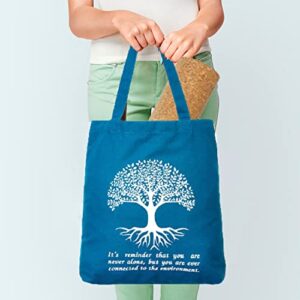 Cotton Canvas Tote Bag With Tree of Life Printed - Ethnic Style Shoulder Bag | Inner Zip Pocket Included | Best for Use In Gym, Shopping, Travel, Beach - Petrol