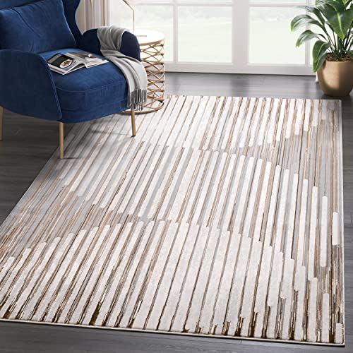 Abani Striped Beige & Ivory Contemporary 4’ x 6’ Area Rug - Modern Mid-Century Print Non-Shed Living Room Rug Rugs