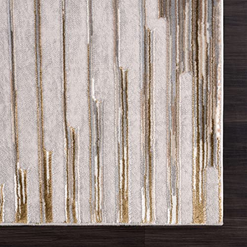 Abani Striped Beige & Ivory Contemporary 4’ x 6’ Area Rug - Modern Mid-Century Print Non-Shed Living Room Rug Rugs