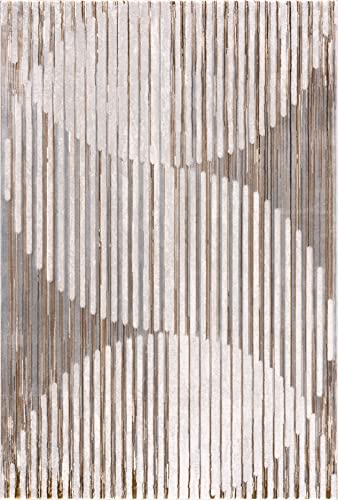 Abani Striped Beige & Ivory Contemporary 4’ x 6’ Area Rug - Modern Mid-Century Print Non-Shed Living Room Rug Rugs