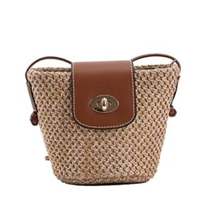 Yviv1yn Women Bag Straw Woven Trend Shoulder Crossbody Bag PU Patchwork Basket Rattan Bag Summer Beach Bolso (Color : Big Khaki, Size : One Size)