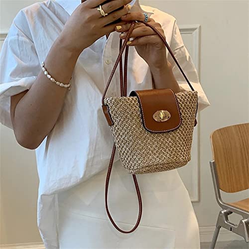 Yviv1yn Women Bag Straw Woven Trend Shoulder Crossbody Bag PU Patchwork Basket Rattan Bag Summer Beach Bolso (Color : Big Khaki, Size : One Size)