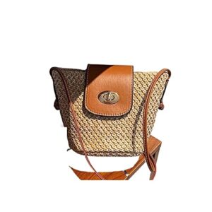 Yviv1yn Women Bag Straw Woven Trend Shoulder Crossbody Bag PU Patchwork Basket Rattan Bag Summer Beach Bolso (Color : Big Khaki, Size : One Size)