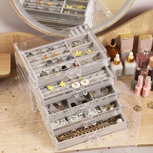 Cq acrylic Jewelry Organizer With 5 Drawers Clear Acrylic Jewelry Box Gift for Women Mens kids and Little girl Stackable Velvet Earring Display Holder for Earrings Ring Bracelet Necklace Holder,Grey