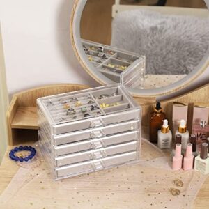 Cq acrylic Jewelry Organizer With 5 Drawers Clear Acrylic Jewelry Box Gift for Women Mens kids and Little girl Stackable Velvet Earring Display Holder for Earrings Ring Bracelet Necklace Holder,Grey