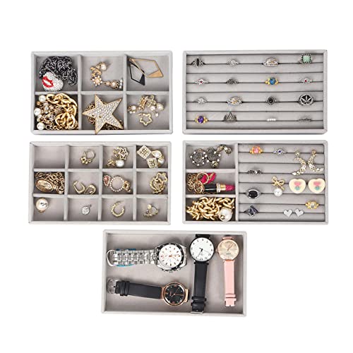 Cq acrylic Jewelry Organizer With 5 Drawers Clear Acrylic Jewelry Box Gift for Women Mens kids and Little girl Stackable Velvet Earring Display Holder for Earrings Ring Bracelet Necklace Holder,Grey