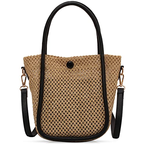 QTKJ Summer Beach bag, Handwoven Straw bag, Beach Tote Leather Shoulder Strap with Removable Storage Bag, Woven Bag for Women Handbag Shoulder Bag (Black)