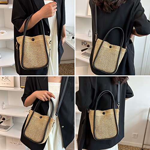 QTKJ Summer Beach bag, Handwoven Straw bag, Beach Tote Leather Shoulder Strap with Removable Storage Bag, Woven Bag for Women Handbag Shoulder Bag (Black)