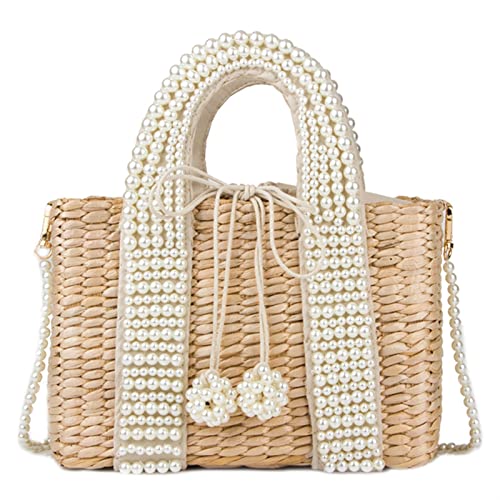 Yviv1yn Pearl Rattan Women Handbags Beading Wicker Woven Shoulder Bags Luxury Summer Beach Straw Bag Large Tote Baskets (Color : Medium, Size : One Size)