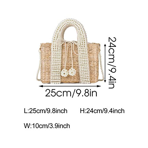 Yviv1yn Pearl Rattan Women Handbags Beading Wicker Woven Shoulder Bags Luxury Summer Beach Straw Bag Large Tote Baskets (Color : Medium, Size : One Size)