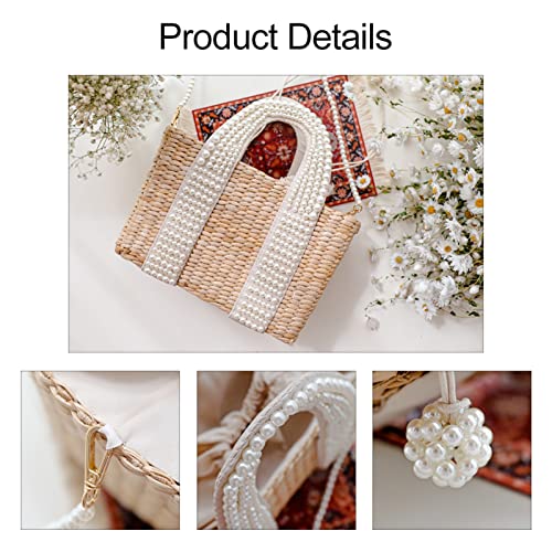 Yviv1yn Pearl Rattan Women Handbags Beading Wicker Woven Shoulder Bags Luxury Summer Beach Straw Bag Large Tote Baskets (Color : Medium, Size : One Size)