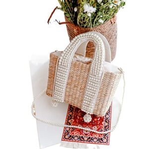 Yviv1yn Pearl Rattan Women Handbags Beading Wicker Woven Shoulder Bags Luxury Summer Beach Straw Bag Large Tote Baskets (Color : Medium, Size : One Size)