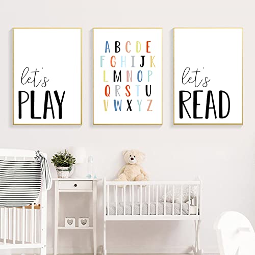 Kids Playroom Wall Art Playroom Wall Decor UNFRAMED, Kids Room Wall Art Prints Playroom Artwork Children Canvas Wall Art, Lets Read Lets Play Wall Art Toddler Art Kid Pictures 16x24 Inch, Set of 3