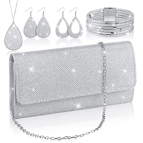 5 Pcs Women's Evening Bag with Glitter Jewelry Set, Glitter Clutch Purse Party Handbag with Chain Bling Teardrop Pendant Necklace Multi Layer Bracelet PU Leather Dangle Earring for Lady (Silver)