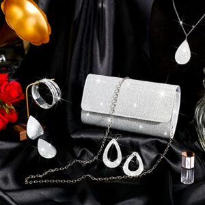 5 Pcs Women's Evening Bag with Glitter Jewelry Set, Glitter Clutch Purse Party Handbag with Chain Bling Teardrop Pendant Necklace Multi Layer Bracelet PU Leather Dangle Earring for Lady (Silver)