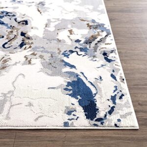 Abani Transitional Rugs Grey & Blue Swirl 5'3"x7'6" (5x8) Area Rug - Abstract Marble Watercolor No-Shed Premium Dining Room Rug