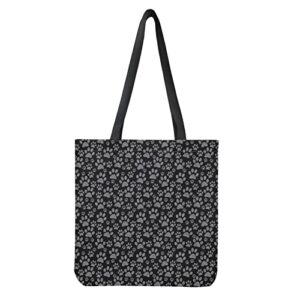 ledback black grey dog paw print canvas tote bag for women girls handbag casual shoulder bag foldable shopping bag