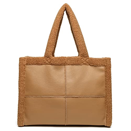 Like Dreams Women Soft Sherpa Tote Vintage Vegan Leather Winter Fashion Large Handbag Purse (Camel)