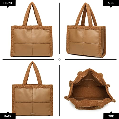 Like Dreams Women Soft Sherpa Tote Vintage Vegan Leather Winter Fashion Large Handbag Purse (Camel)