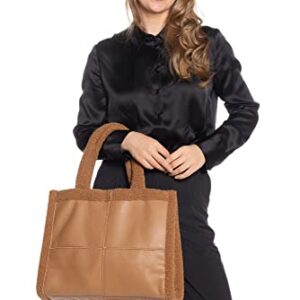 Like Dreams Women Soft Sherpa Tote Vintage Vegan Leather Winter Fashion Large Handbag Purse (Camel)