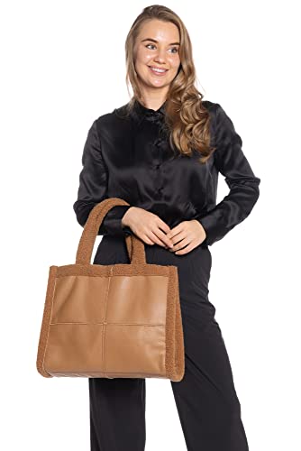 Like Dreams Women Soft Sherpa Tote Vintage Vegan Leather Winter Fashion Large Handbag Purse (Camel)