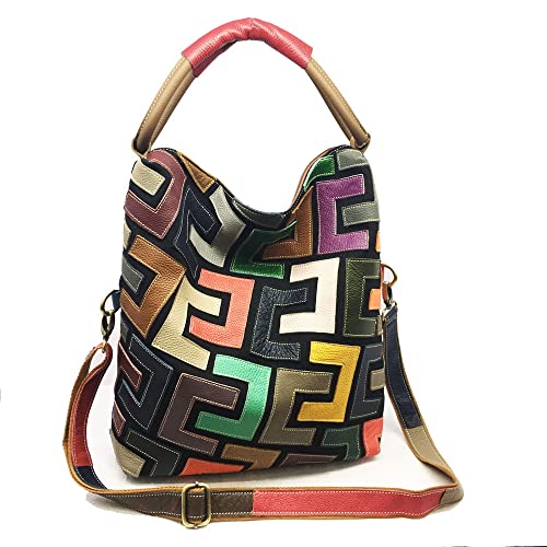 Colorful Geometric Contrast Patchwork Leather Crossbody Satchels Shoulder Bag Cute Backpack Bag for Women (tote shoulder)