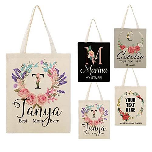 Custom Tote Bag For Women Personalized Floral Initial Shoulder Bag For Beach Wedding Travel Work Birthday Gifts