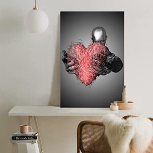 Framed 3 Pcs Love Heart 3d Wall Art Metal Sculpture Romantic Couple Hug Abstract Art Prints Posters Decor Grey Black and White Canvas Printsfor Bedroom Living Room Bathroom Hotel Valentine'S Day