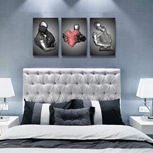 Framed 3 Pcs Love Heart 3d Wall Art Metal Sculpture Romantic Couple Hug Abstract Art Prints Posters Decor Grey Black and White Canvas Printsfor Bedroom Living Room Bathroom Hotel Valentine'S Day