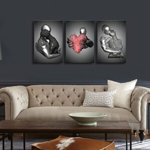 Framed 3 Pcs Love Heart 3d Wall Art Metal Sculpture Romantic Couple Hug Abstract Art Prints Posters Decor Grey Black and White Canvas Printsfor Bedroom Living Room Bathroom Hotel Valentine'S Day