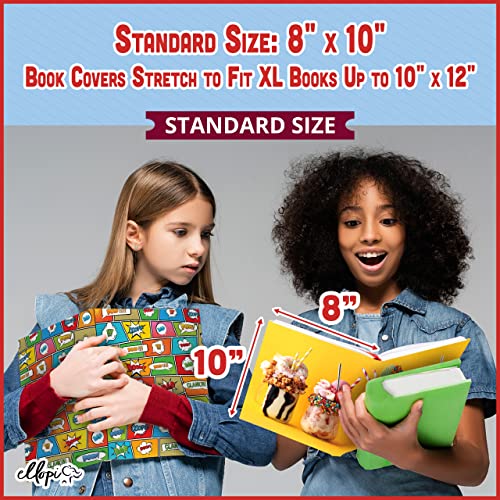 Easy Apply Stretchable Book Cover 4 Pack. 2 Solid and 2 Design Standard Jackets Fit Hardcover Textbooks Up to 8" x 10". Adhesive-Free, Nylon Fabric Protectors. Washable, Reusable Student School Supply