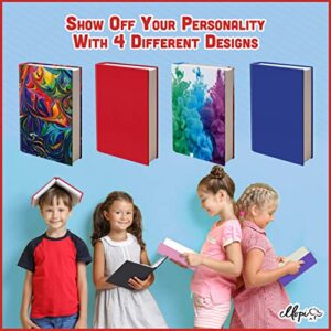 Easy Apply Stretchable Book Cover 4 Pack. 2 Solid and 2 Design Standard Jackets Fit Hardcover Textbooks Up to 8" x 10". Adhesive-Free, Nylon Fabric Protectors. Washable, Reusable Student School Supply