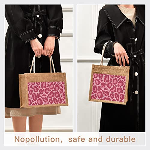 Leopard Pink Tote Bag Jute Cloth Large Capacity Trendy Durable Purses Handbags for Women Girls 4 Size