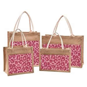 Leopard Pink Tote Bag Jute Cloth Large Capacity Trendy Durable Purses Handbags for Women Girls 4 Size