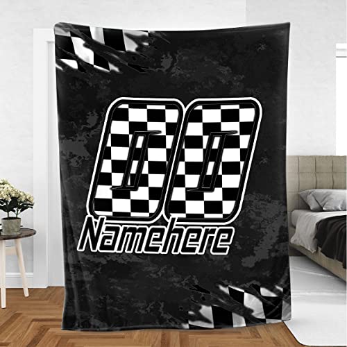 Custom Racing Checkered Flag Sport Lover Gift Personalized Name Number Soft Sherpa Throw Blankets | Cozy Fuzzy Fleece Throws for TV Sofa, Couch | Comfy Fluffy Blanket Gifts for Men Women 50 x 60