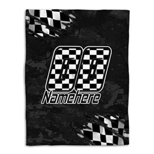 Custom Racing Checkered Flag Sport Lover Gift Personalized Name Number Soft Sherpa Throw Blankets | Cozy Fuzzy Fleece Throws for TV Sofa, Couch | Comfy Fluffy Blanket Gifts for Men Women 50 x 60