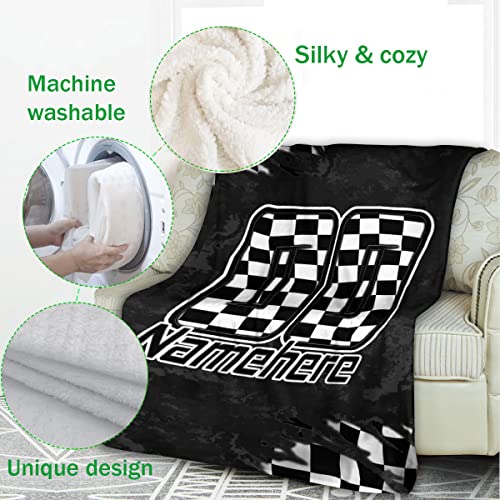 Custom Racing Checkered Flag Sport Lover Gift Personalized Name Number Soft Sherpa Throw Blankets | Cozy Fuzzy Fleece Throws for TV Sofa, Couch | Comfy Fluffy Blanket Gifts for Men Women 50 x 60