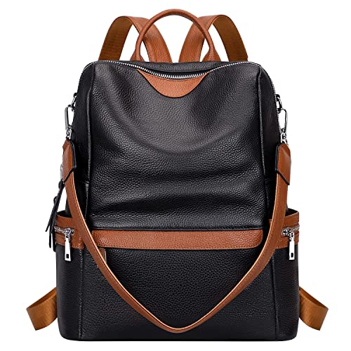 ALTOSY Leather Backpack for Women Elegant Genuine Backpack Purse Ladies Leather Shoulderbag（S80 Black/Brown）