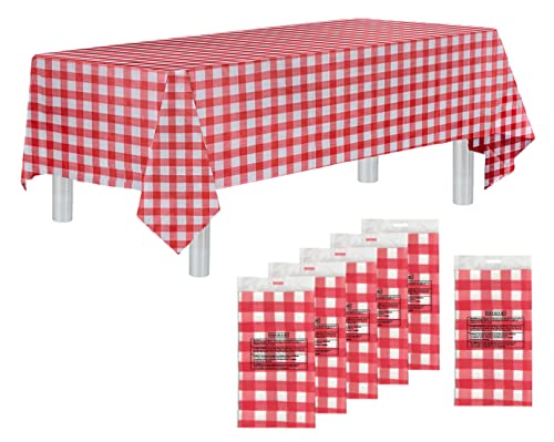 Sonluma 6 Pack 108" X 54" Red Checkered Premium Disposable Plastic Tablecloth for 8ft Long Rectangle Tables, Waterproof Covers for Indoor or Outdoor Events & Parties