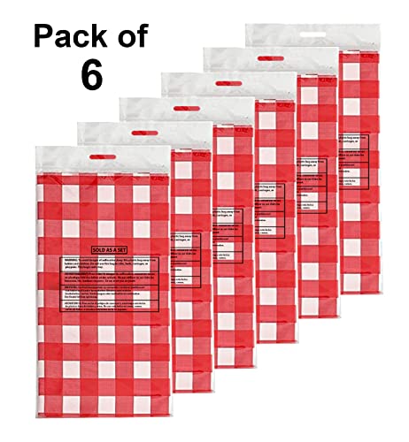 Sonluma 6 Pack 108" X 54" Red Checkered Premium Disposable Plastic Tablecloth for 8ft Long Rectangle Tables, Waterproof Covers for Indoor or Outdoor Events & Parties