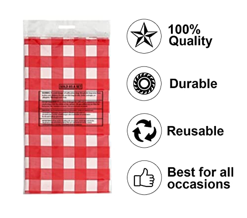 Sonluma 6 Pack 108" X 54" Red Checkered Premium Disposable Plastic Tablecloth for 8ft Long Rectangle Tables, Waterproof Covers for Indoor or Outdoor Events & Parties