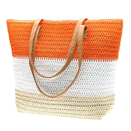 CIOOU Large Straw Tote Bag for Women Rattan Woven Beach Bag Summer Colored Stripe Shoulder Bags (orange beige nature bag totes)